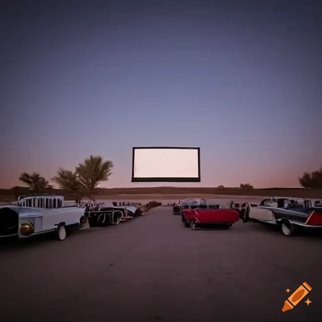 Vintage drive in movie theatre in the desert with classic cars