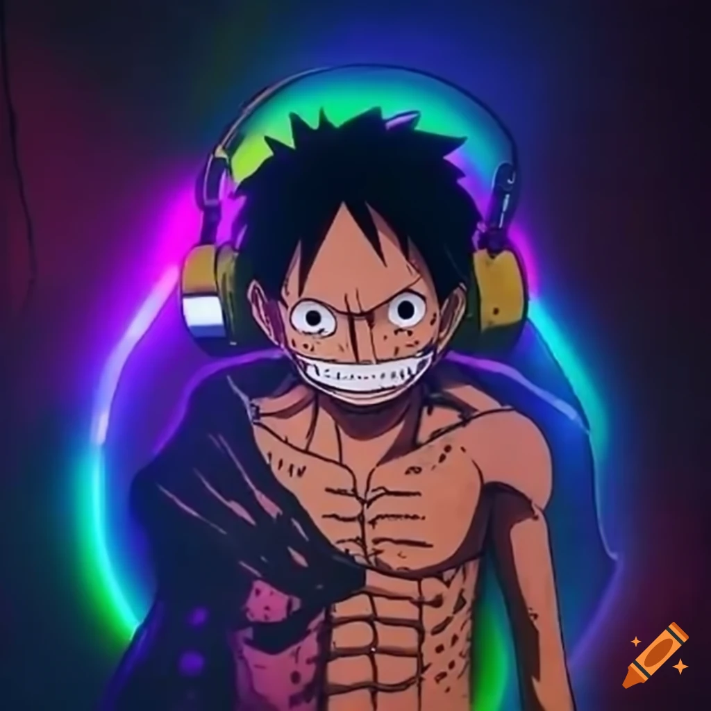 Luffy wearing headphones in a room with many rgb lights, gamer on Craiyon