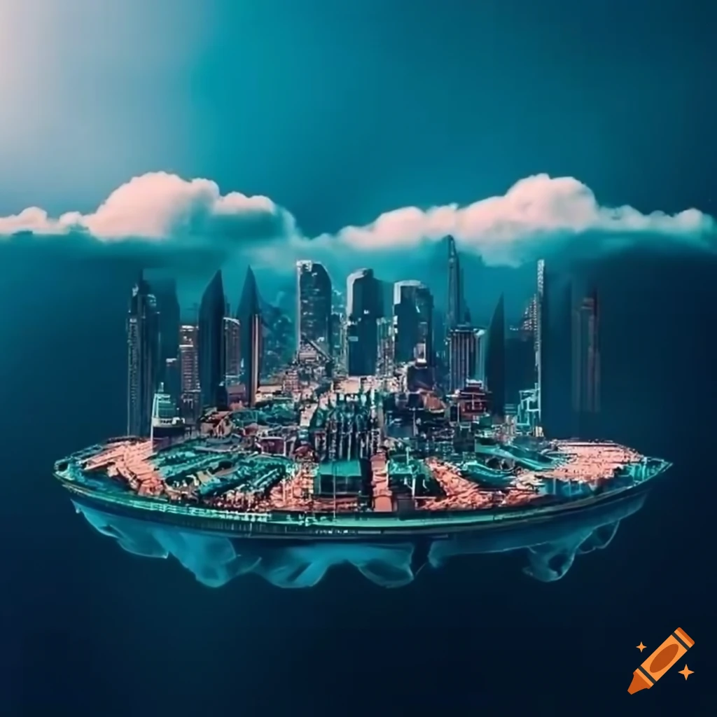 Futuristic city with mountains and roller coaster and clouds on a ...