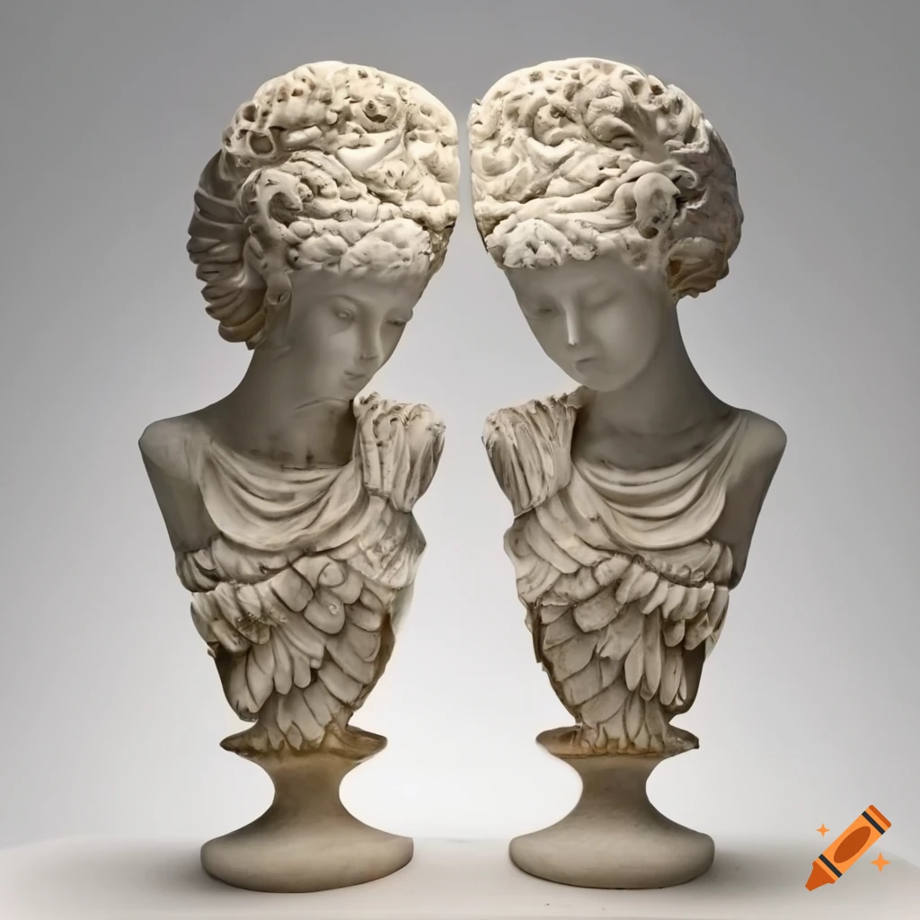 Surreal marble sculpture of a pair of wings holding a human head made ...
