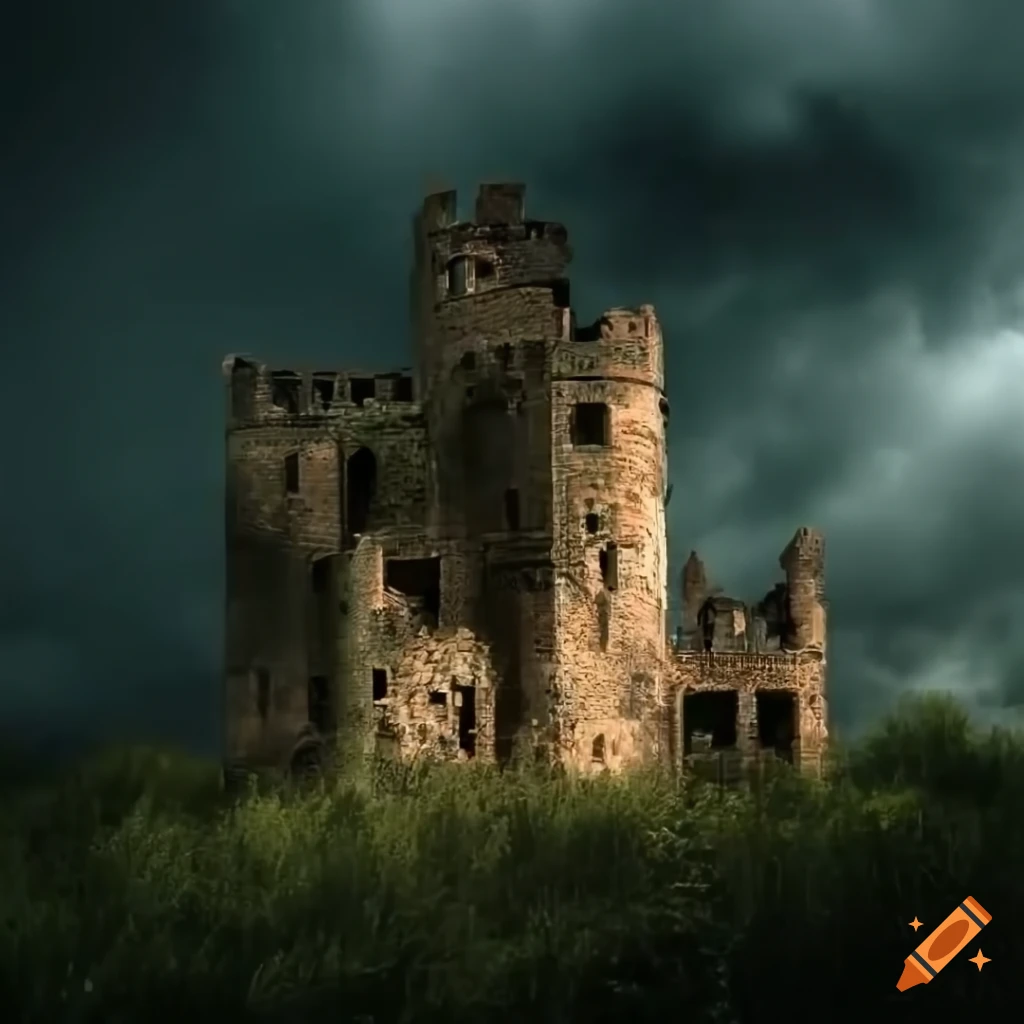 An abandoned castle ruins under stormy skies