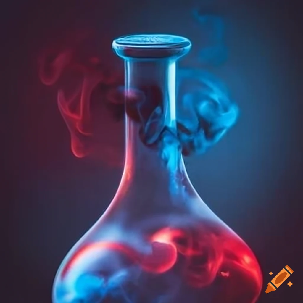 Glass flask with blue and red smoke coming out