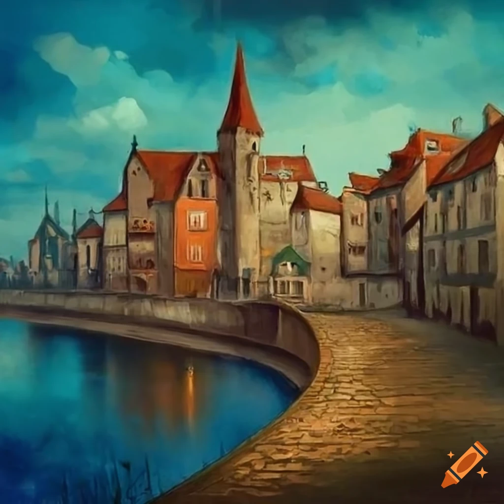 A painting in medieval style of a small city across the river