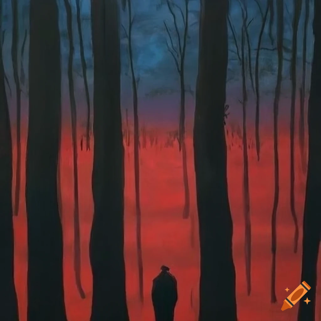 Rene Magritte painting of a forest at night with red curtains in the ...