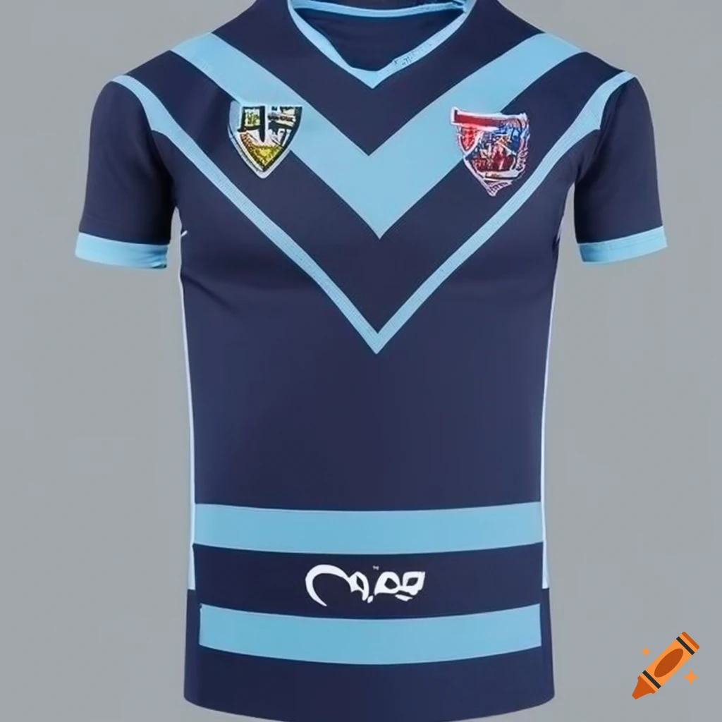 Rugby league team shirt, v shape, light blue and dark blue