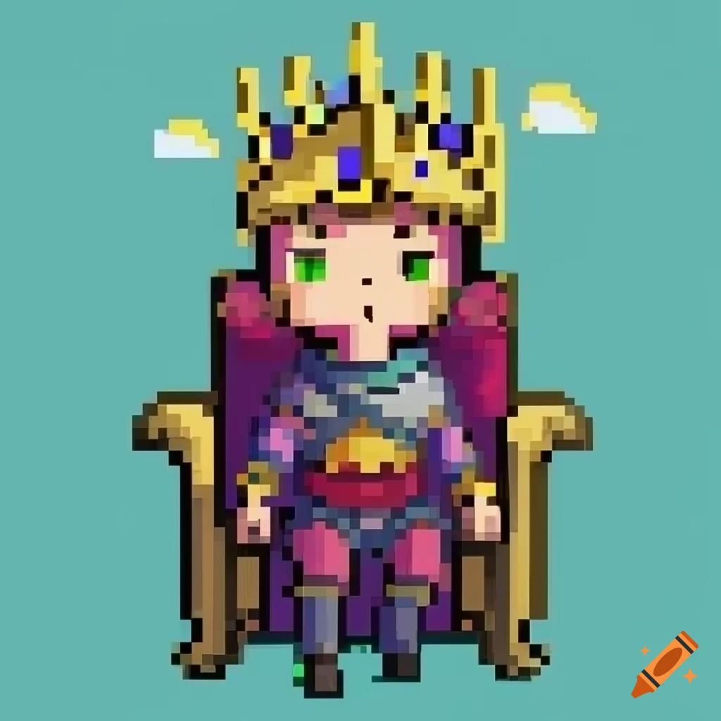 A little king sitting on a throne in pixel art style