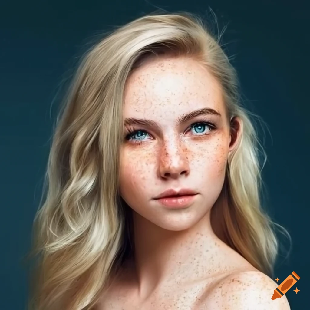 Beautiful young woman shoulder-length blonde hair very light freckles