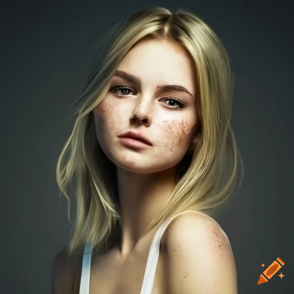 Beautiful young woman shoulder-length blonde hair very light freckles on Craiyon