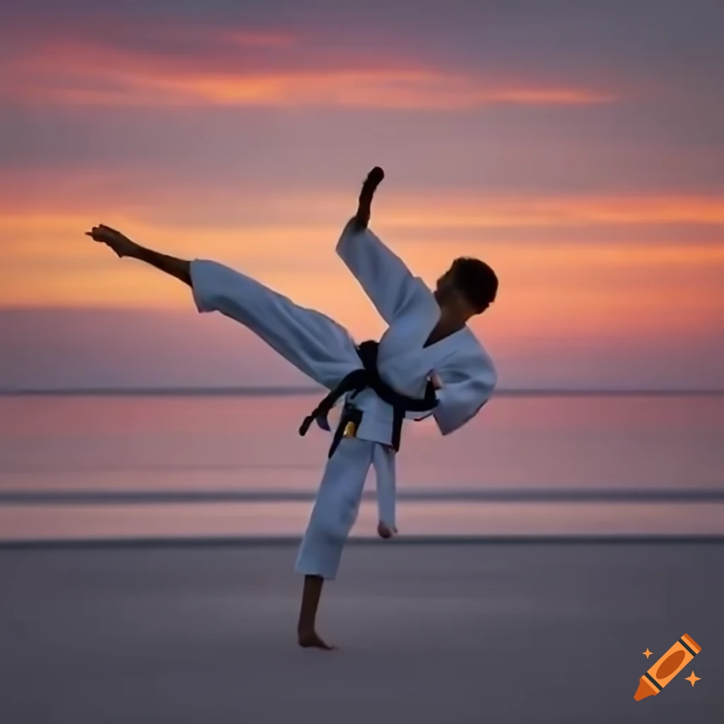 A person performing a karate kick against the sunset on Craiyon