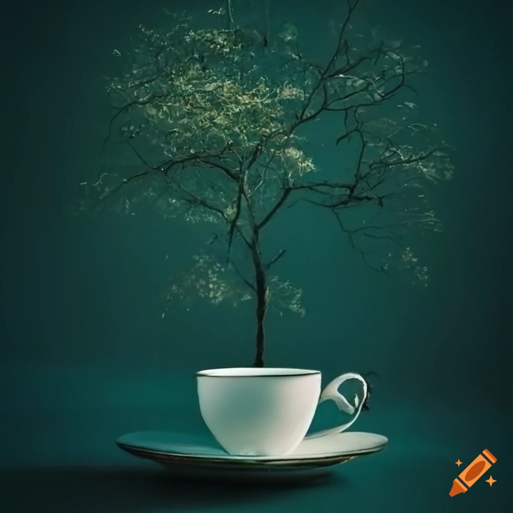 A tree, growing inside a tea cup, editorial photograph on Craiyon