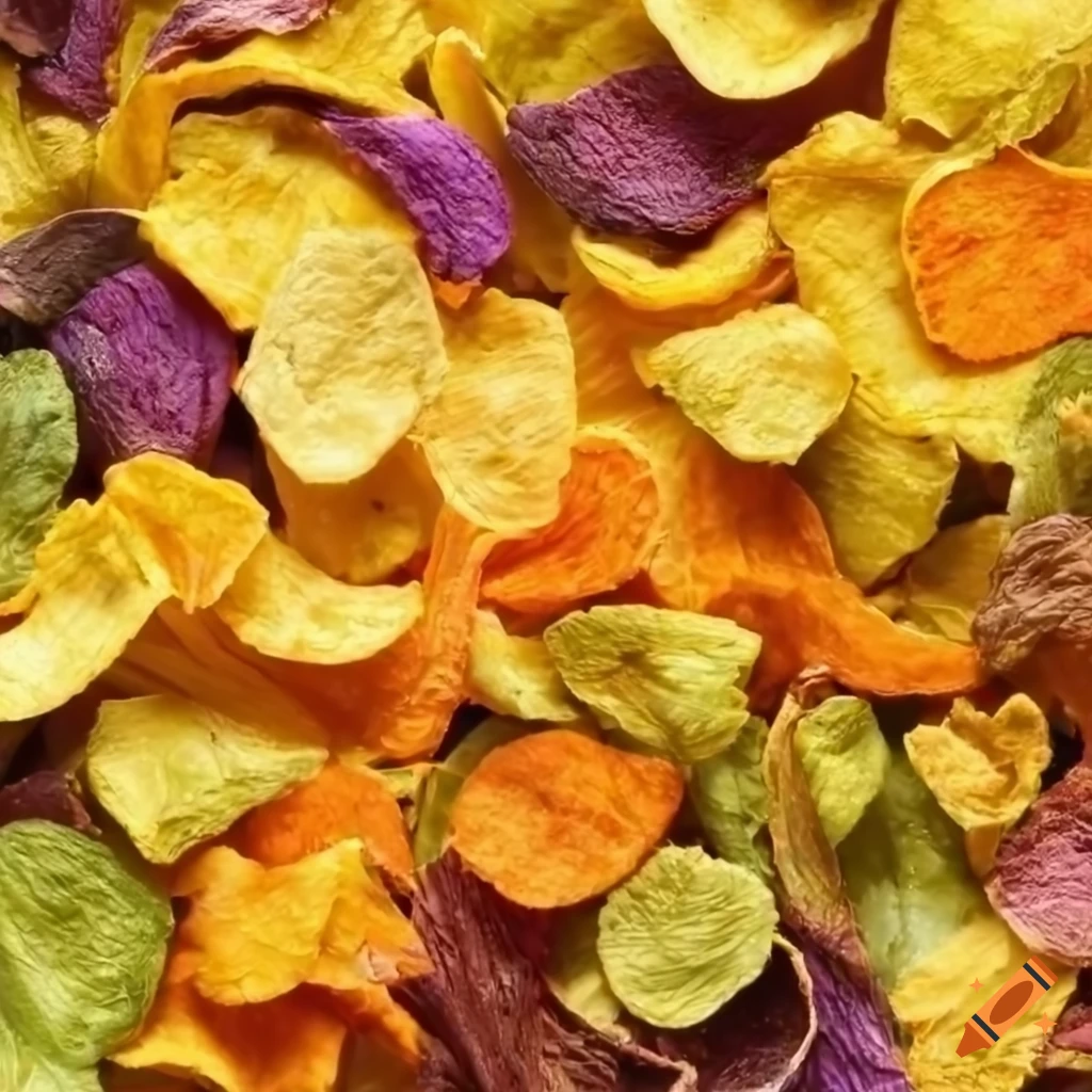 Dried vegtable chips with a variety of colours on Craiyon