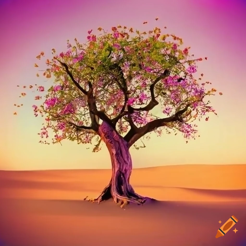 A tree with beautiful magical flowers in the desert