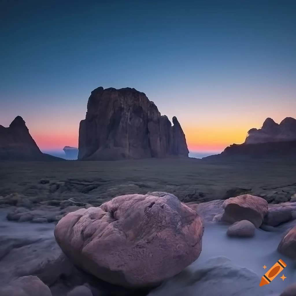 Rocky landscape with big rock close-up, morning sky with two moons on ...