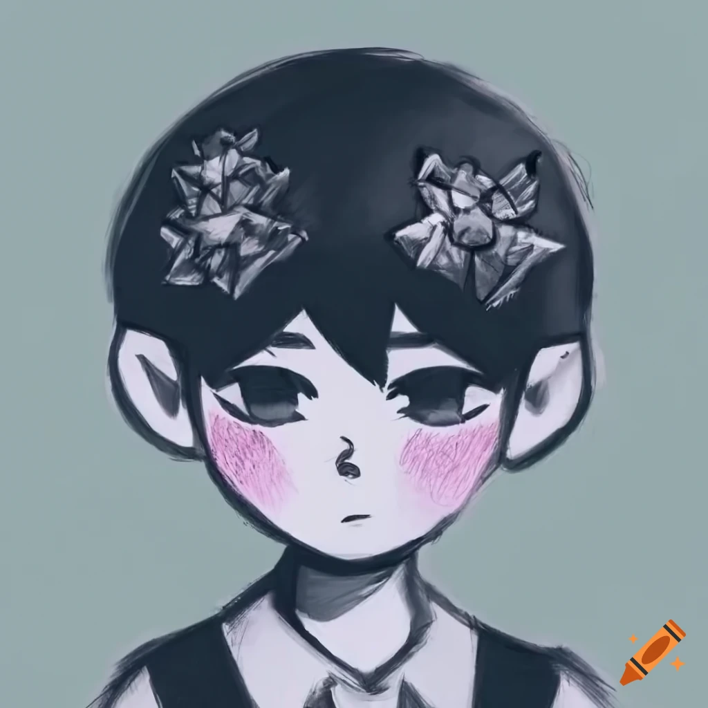 Detailed pencil sketch of omori with a solemn expression on Craiyon