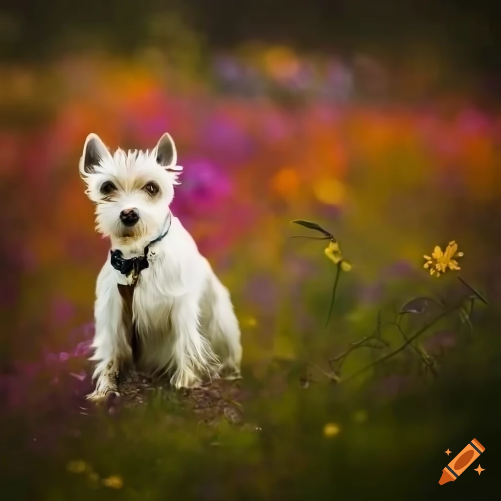 Tan and white terrier dog in a park, surrounded by nature and colorful ...