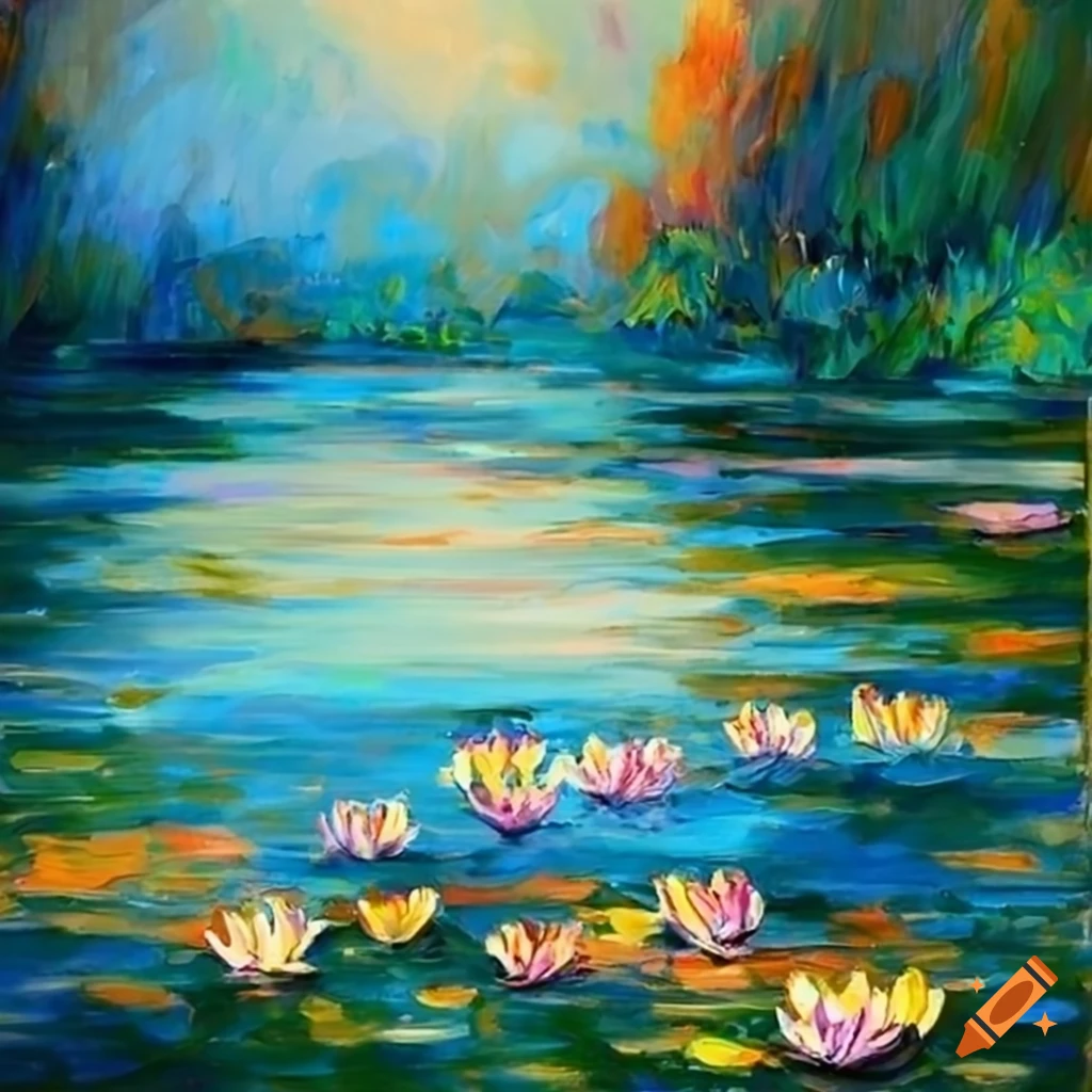Draw me an impressionist painting with water lilies at the edge of the ...