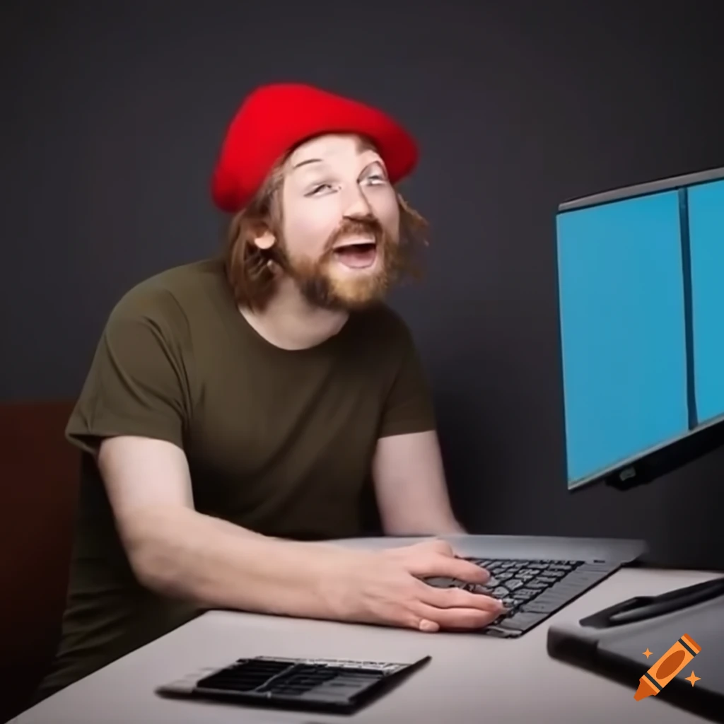 Man wearing a silly hat and t-shirt in front of computer on Craiyon