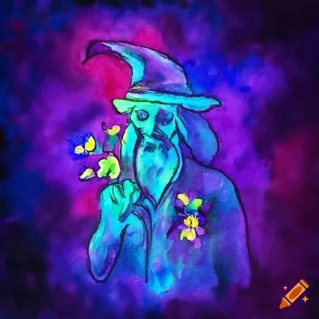 Portrait of a magical wizard with tiny flowers, in style of neon pastel ...