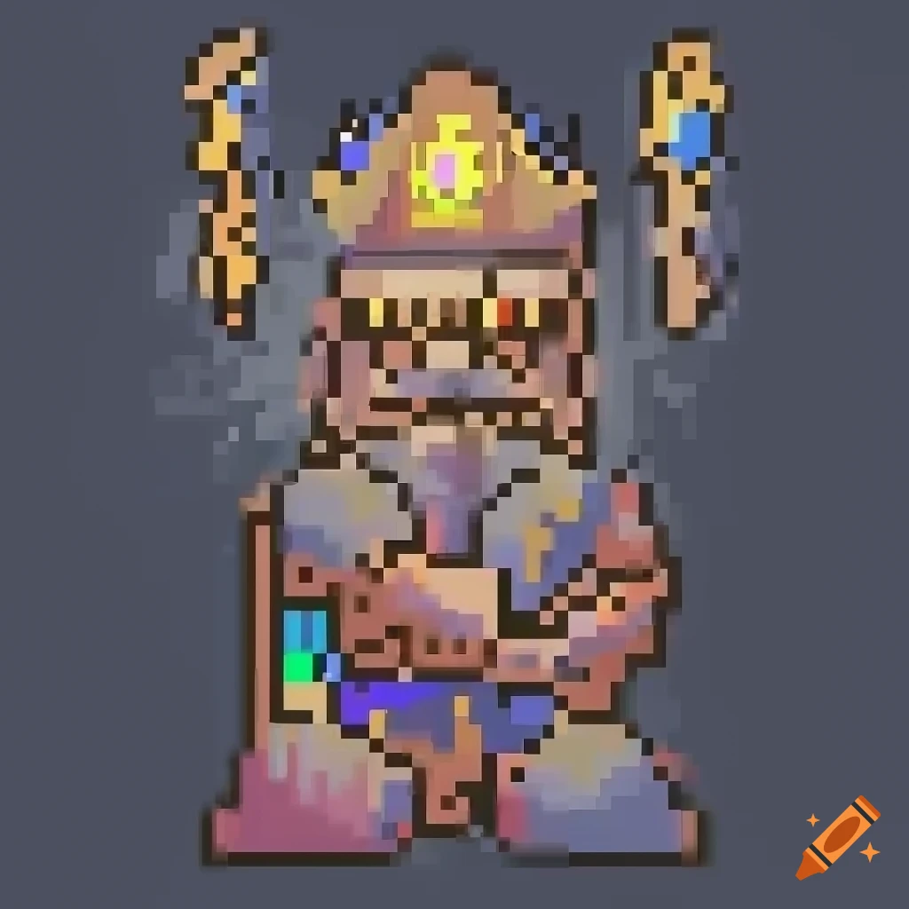 8-bit pixel art of a final boss wearing a beard a hat and a scepter ...