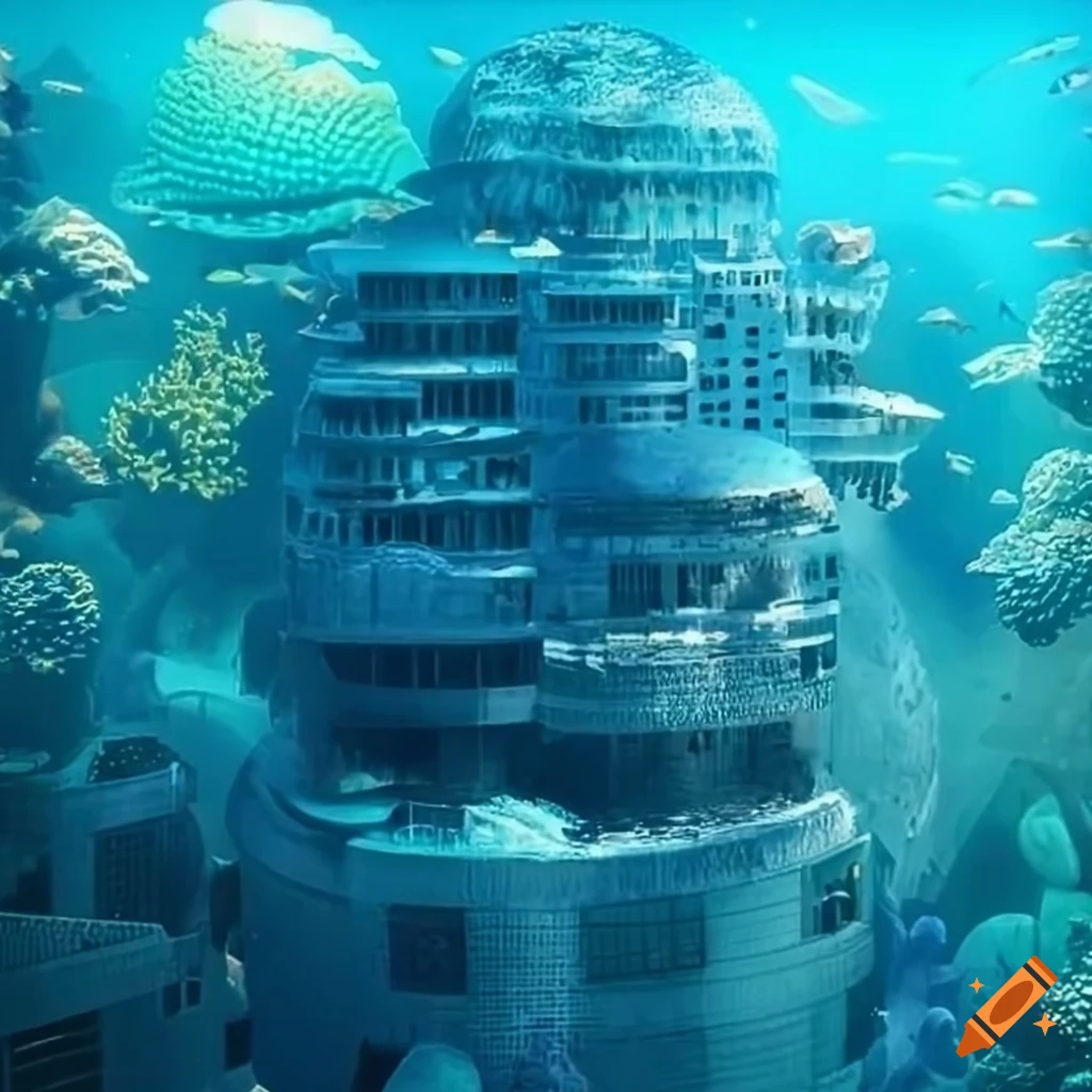 Underwater, modern, white city with rounded buildings accented by coral ...