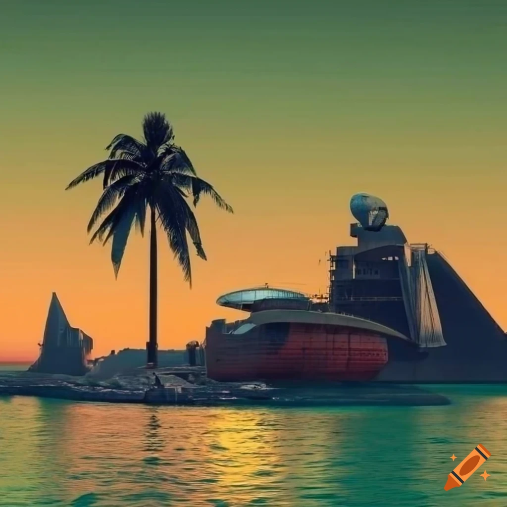 Retro science fiction style ship port off a tropical island with a ...