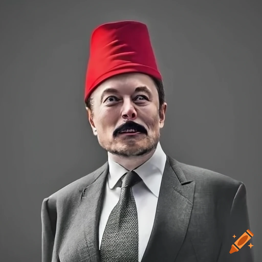 Elon Musk in a suit with a black Italian moustache wearing a red ...