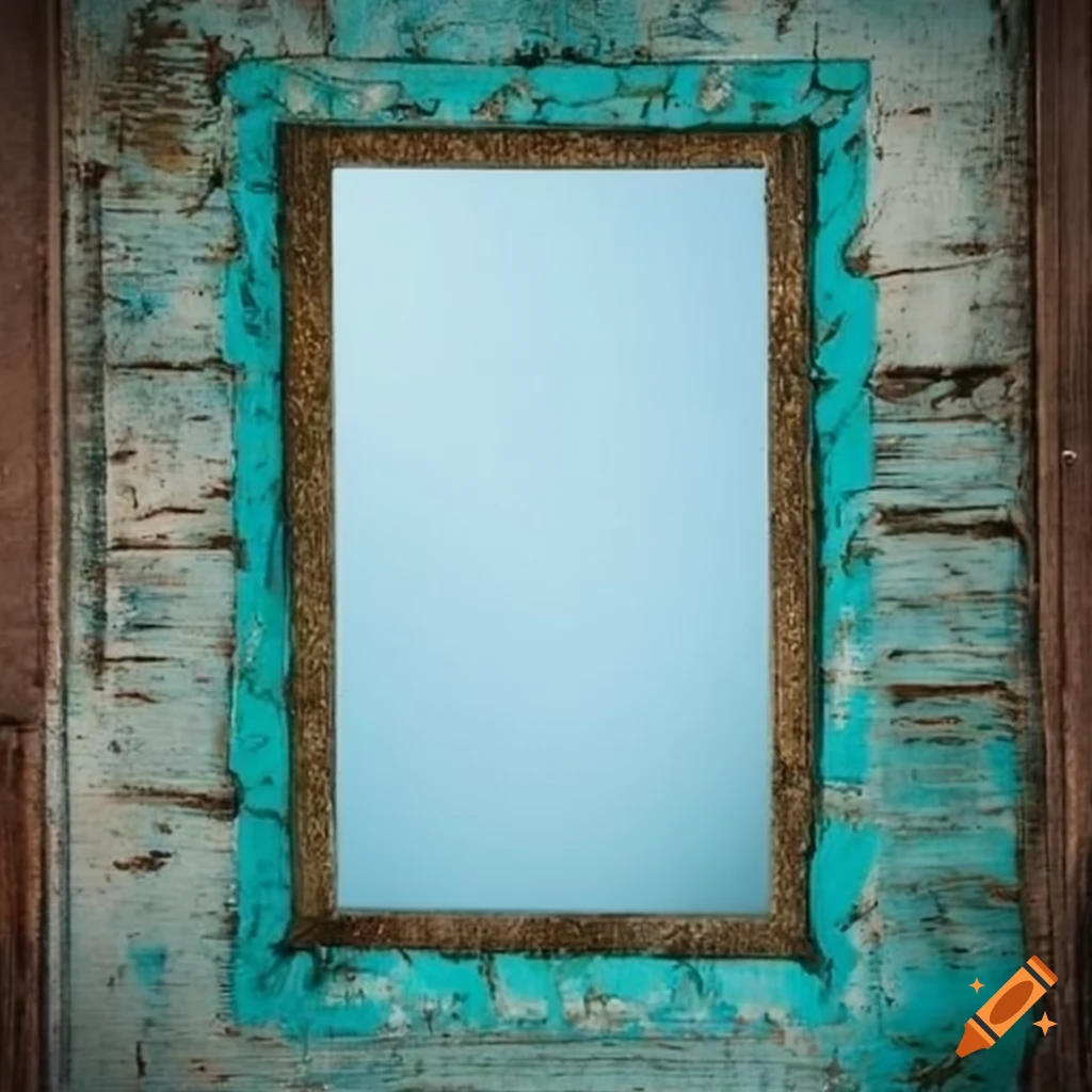 An antique turquoise wooden mirror frame on a weathered surface on Craiyon