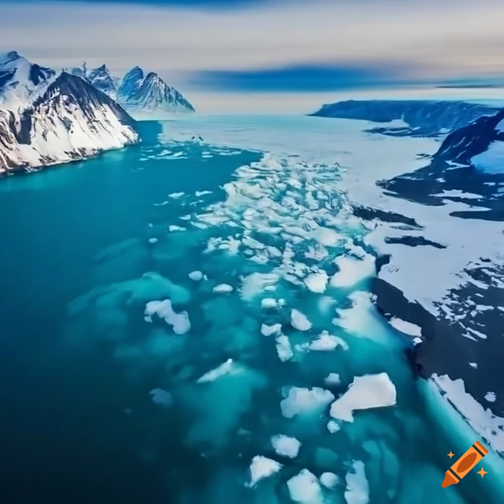 Aerial view of frozen fjords in the arctic
