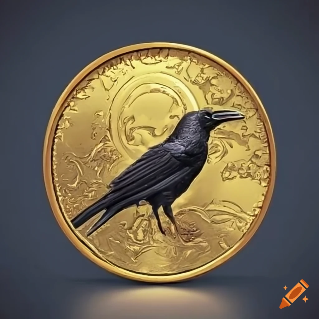 Shiny gold coin with an crow carved on it on Craiyon