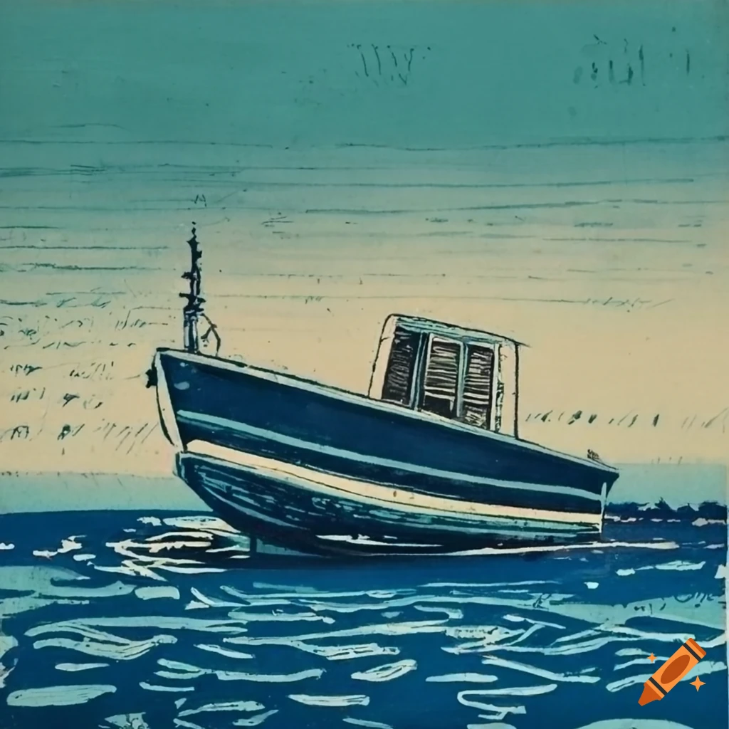 Woodblock print of a motor boat