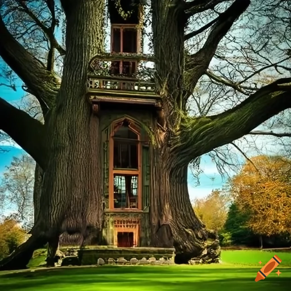 A complex victorian house built in the top of a massive tree