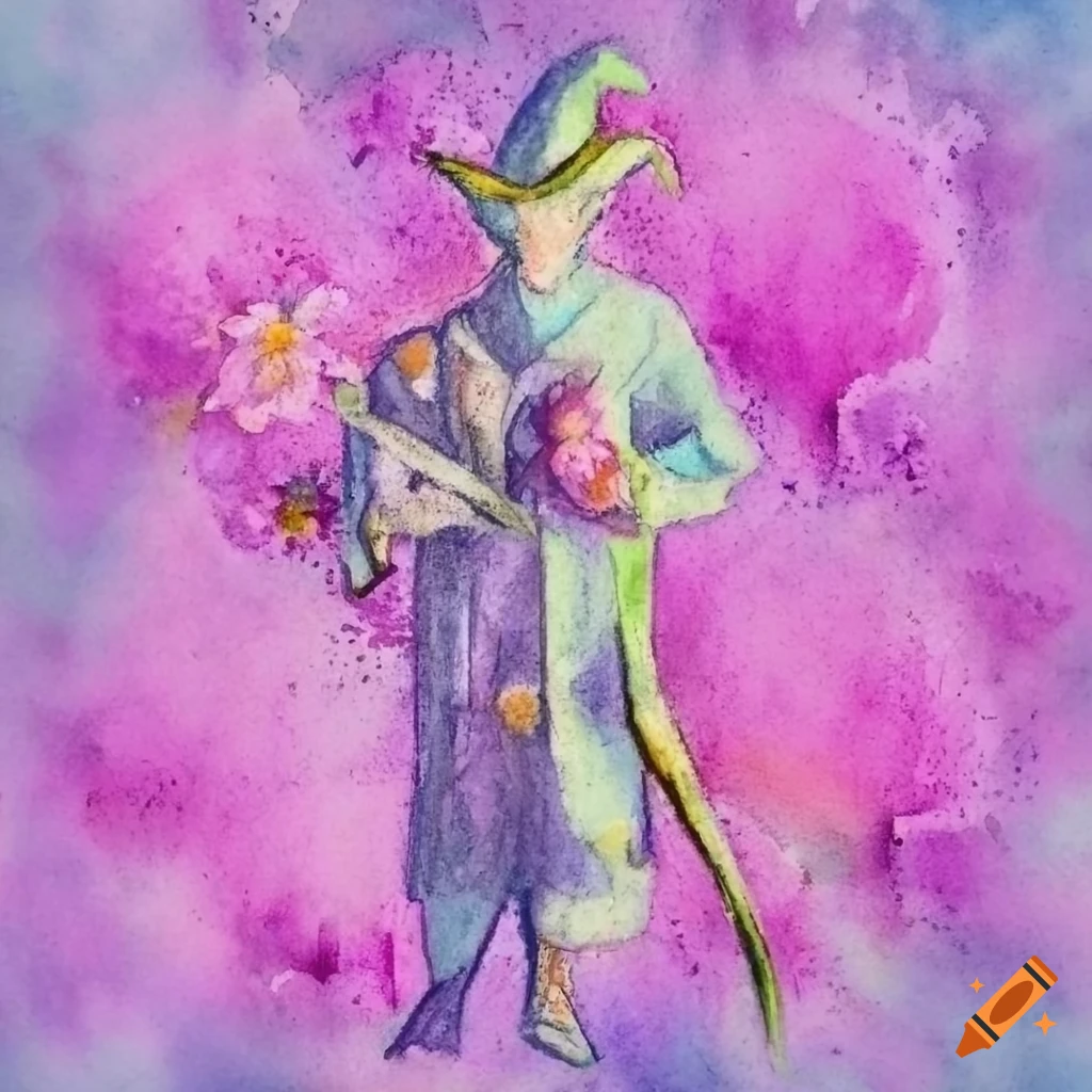 Portrait of a wizard with tiny flowers, in style of pastel watercolor ...