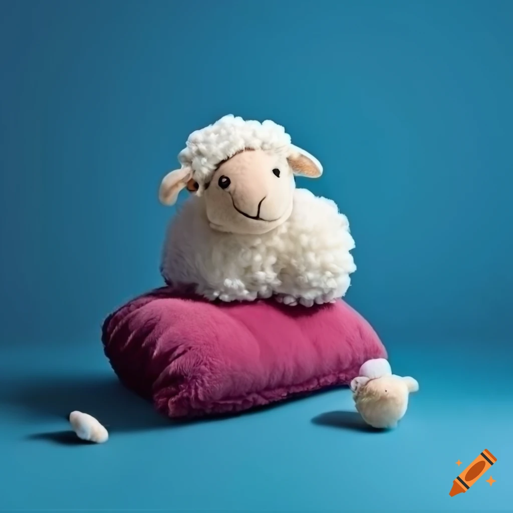 Stuffed sheep on top of pillow in a blue background