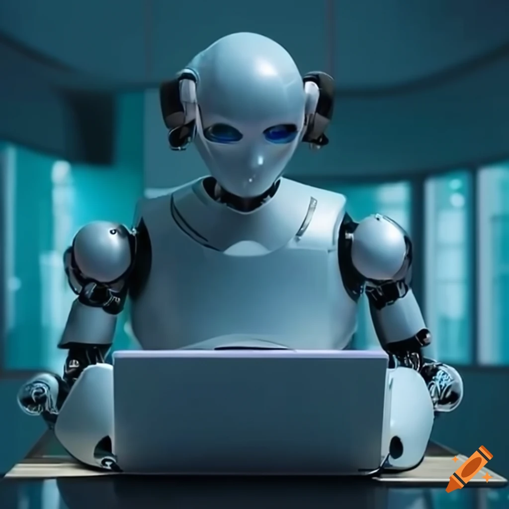 Robot using laptop and high-tech devices in futuristic office on Craiyon