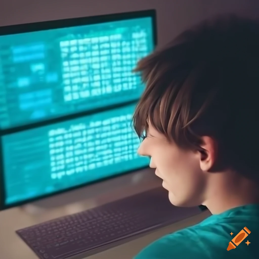 Photorealistic photo, young man looking at computer with Excel and ...