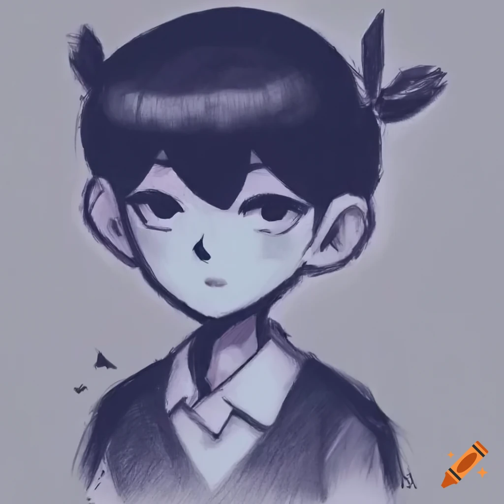 Detailed pencil sketch of omori with a solemn expression