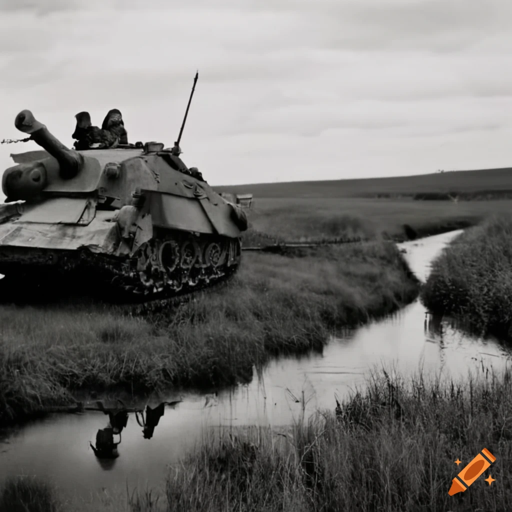 Ww2 tank and infantry crossing small river on a steppe