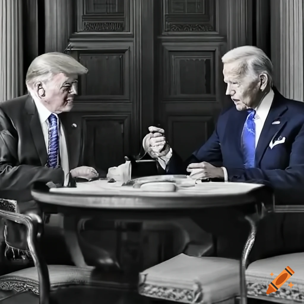Joe Biden and Donald Trump sitting down by a table, having a ...
