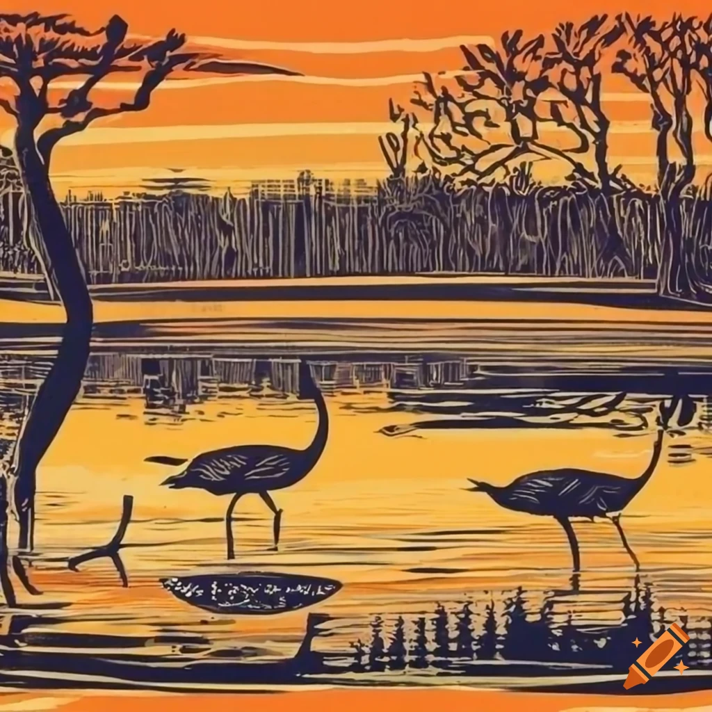 Detailed woodcut of a serene sunset pond with wildlife