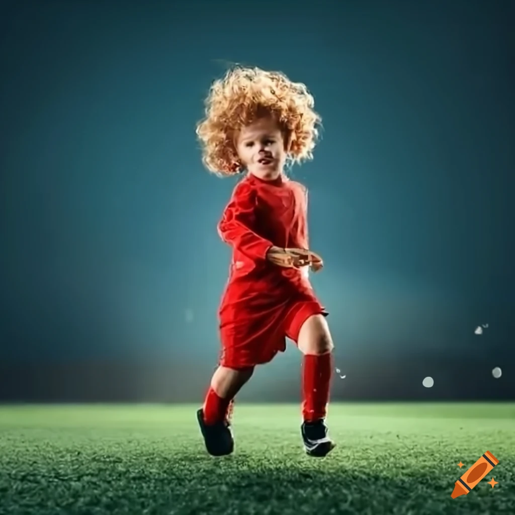 A kid with curly blonde hair playing football with a football suit on ...
