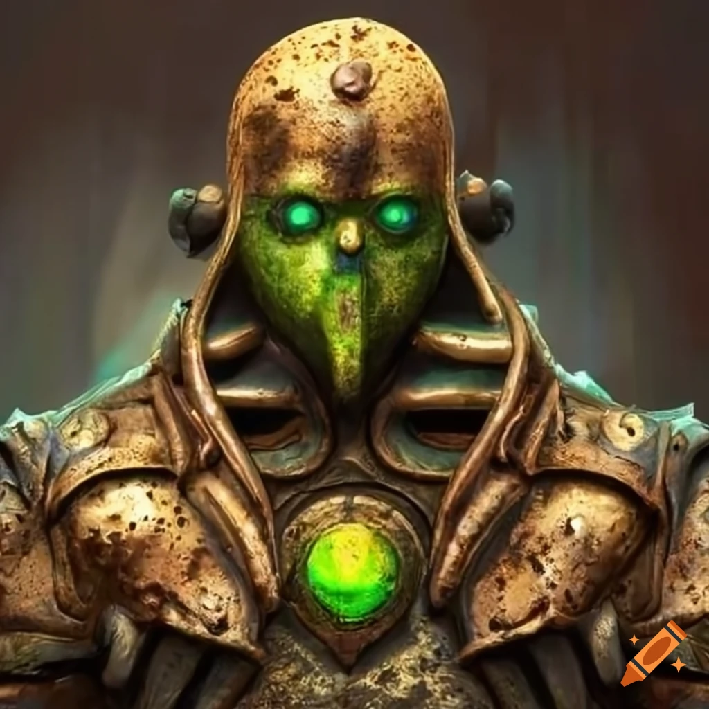 Warforged made of bronze with gold outlines and bits of rust the eyes ...