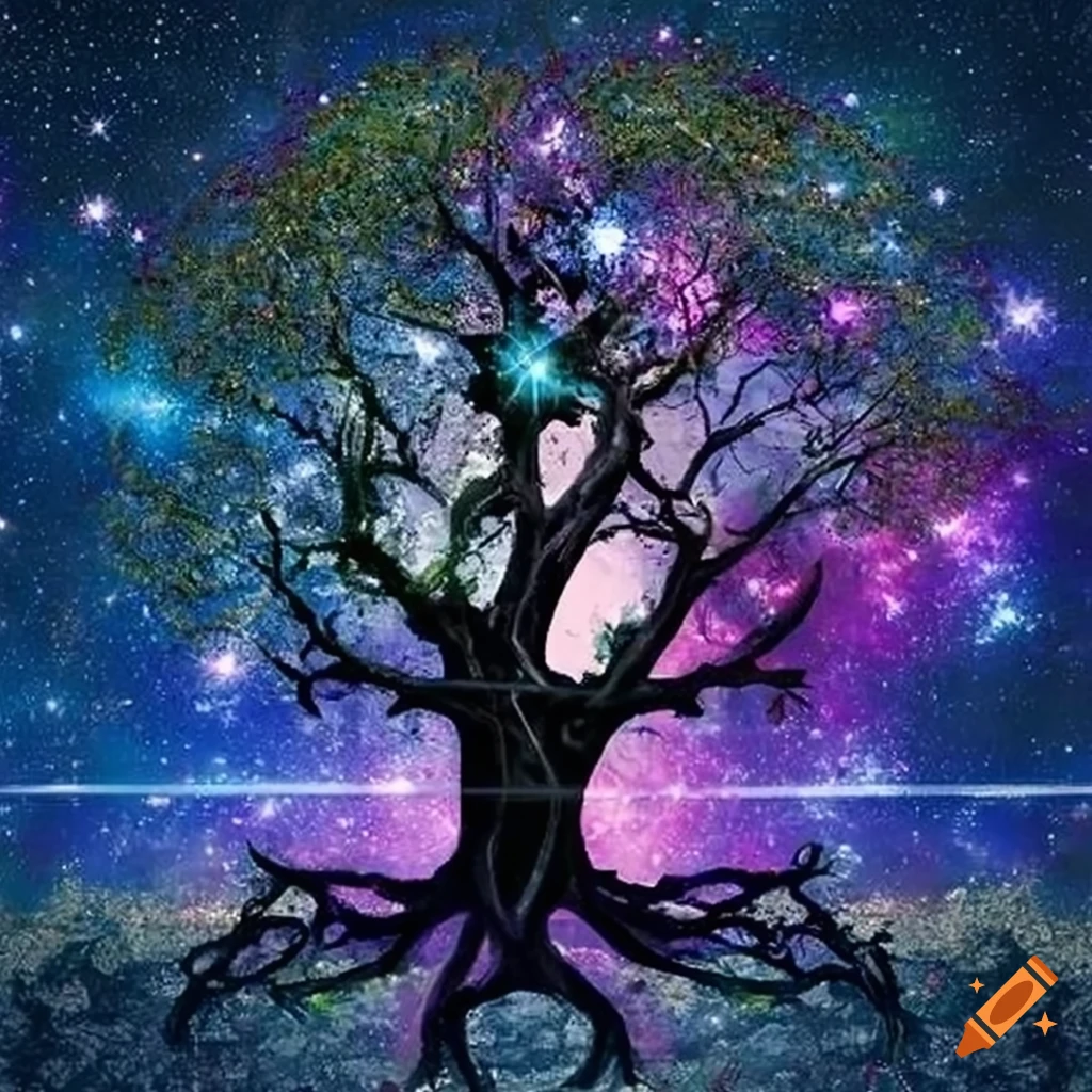 A tree made of stars, with dark galaxy roots under the tree on Craiyon