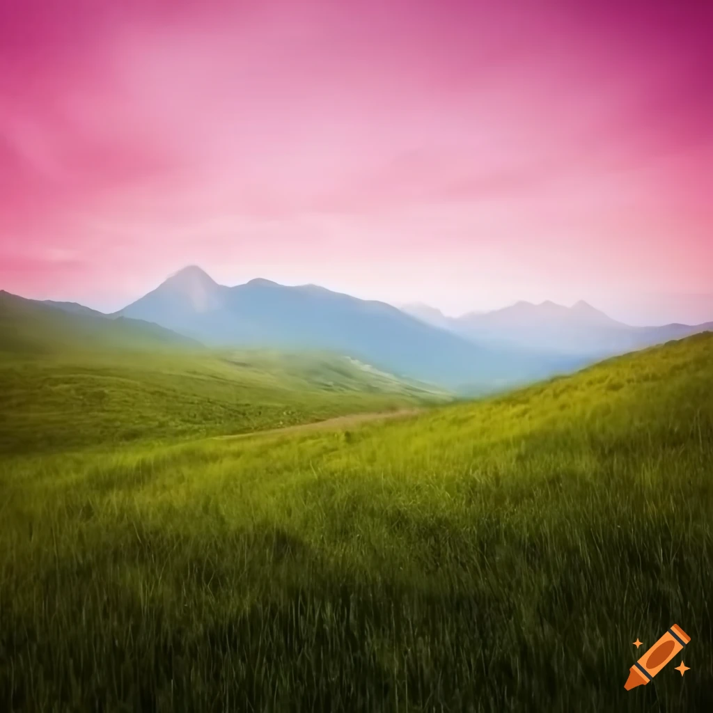 Real life, a grassy field foreground, with a pink sky and mountain ...