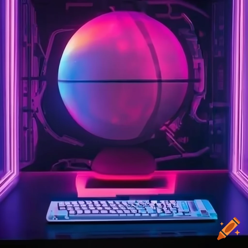A futuristic looking computer on a neon desk on Craiyon