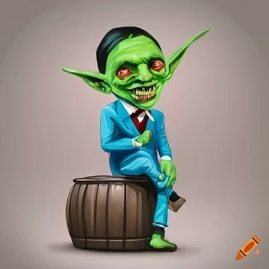 A full-body illustration of a slim dapper young greyish-green dwarf ...