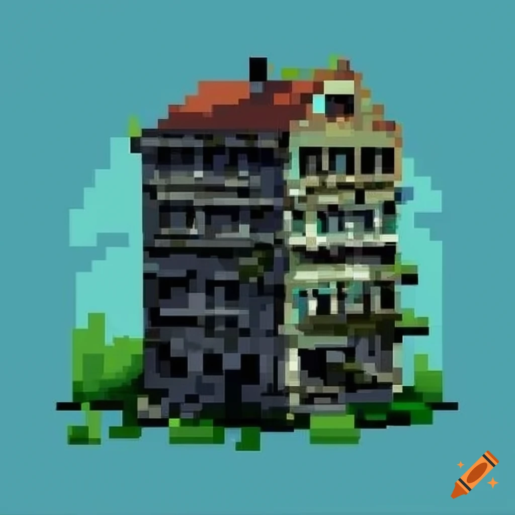 Dilapidated building with a bit of nature in pixel art on Craiyon