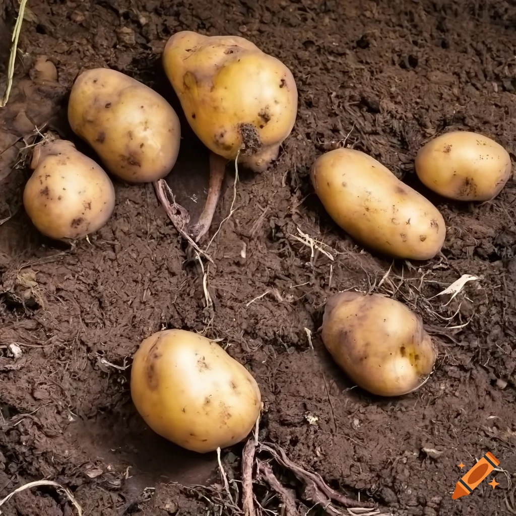 Photo of potatoes and tubers with roots growing in the ground as cross ...