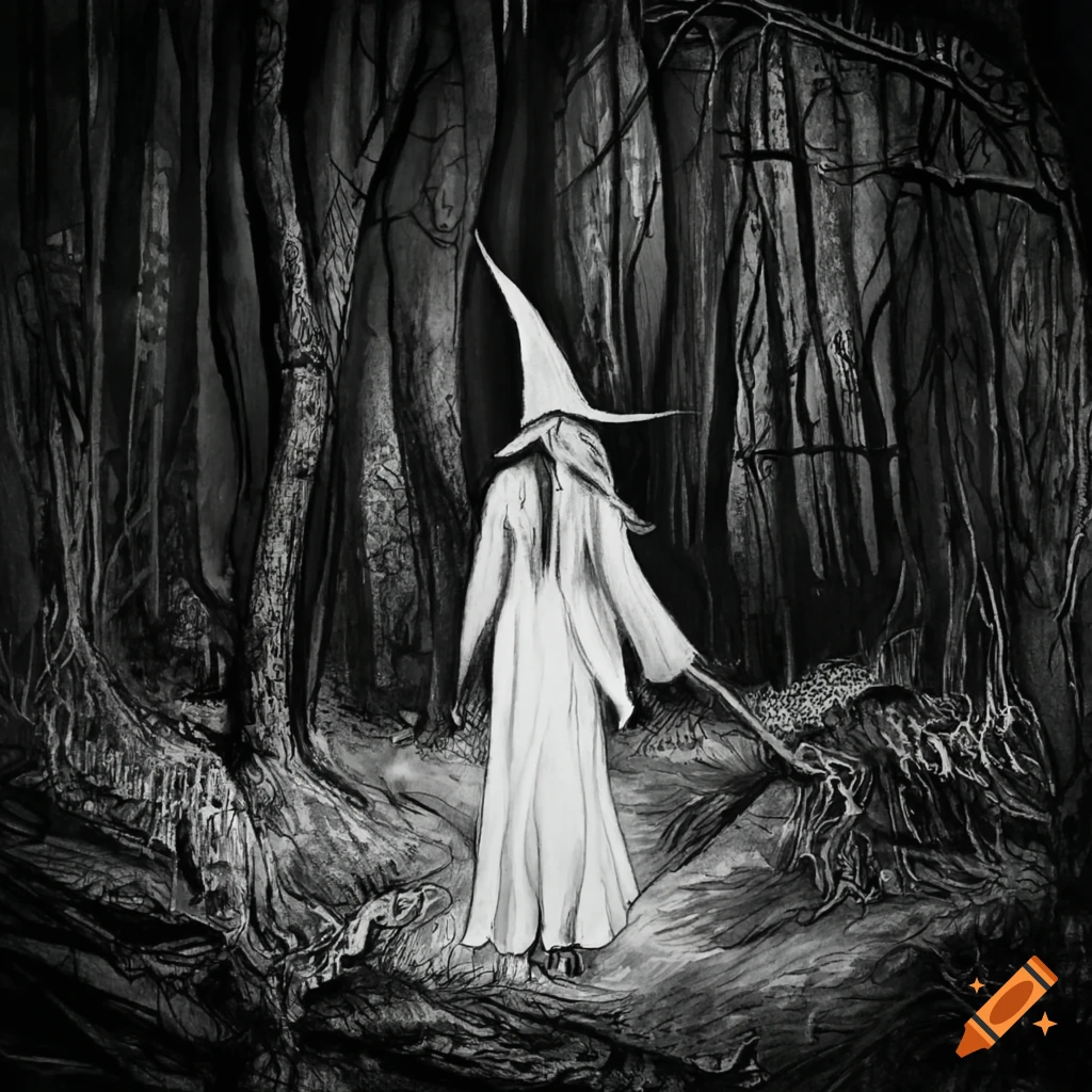 Small black and white drawing with a witch alone in the woods
