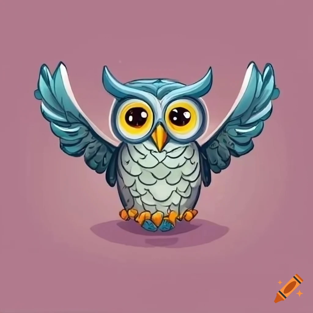 A cute owl soaring with its wings spread wide cartoon