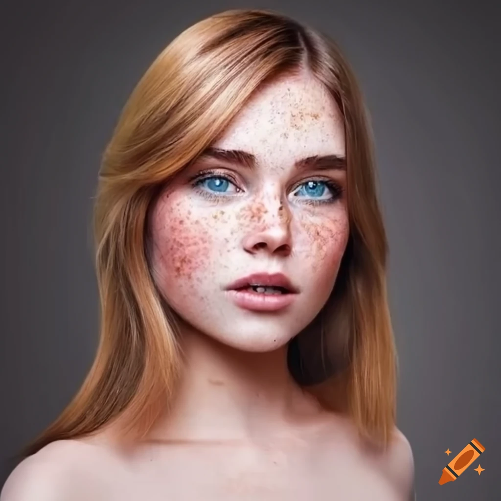 Beautiful young woman shoulder-length hair very light freckles